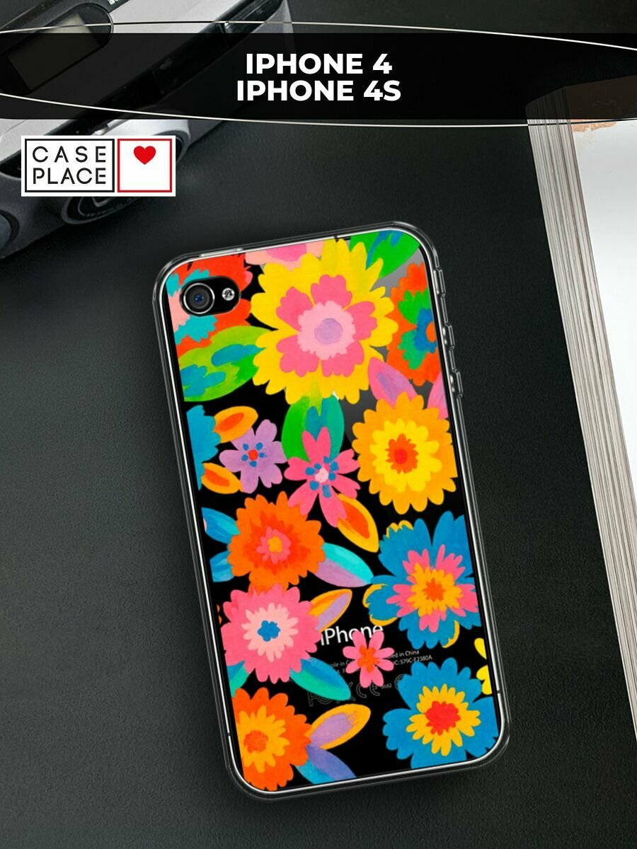 Чехол на Apple iPhone 4/4S / Айфон 4/4S с принтом "Абстрактные яркие цветы", прозрачный