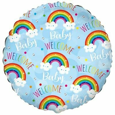 Воздушный шар фольгированный FLEX METAL круглый, с рисунком, 18", Welcome Baby, радуги на голубом, голубой