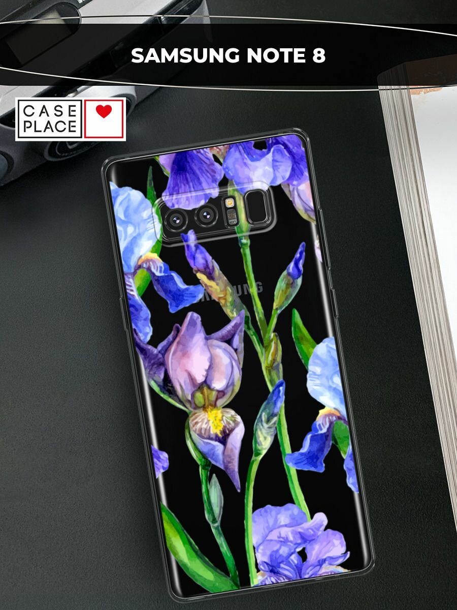 Чехол на Samsung Galaxy Note 8 / Самсунг Галакси Нот 8 с принтом "Синие ирисы", прозрачный