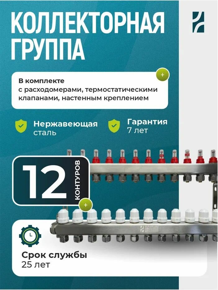 Коллектор для теплого пола на 12 контура + расходомеры + термостатические клапаны GAMINI