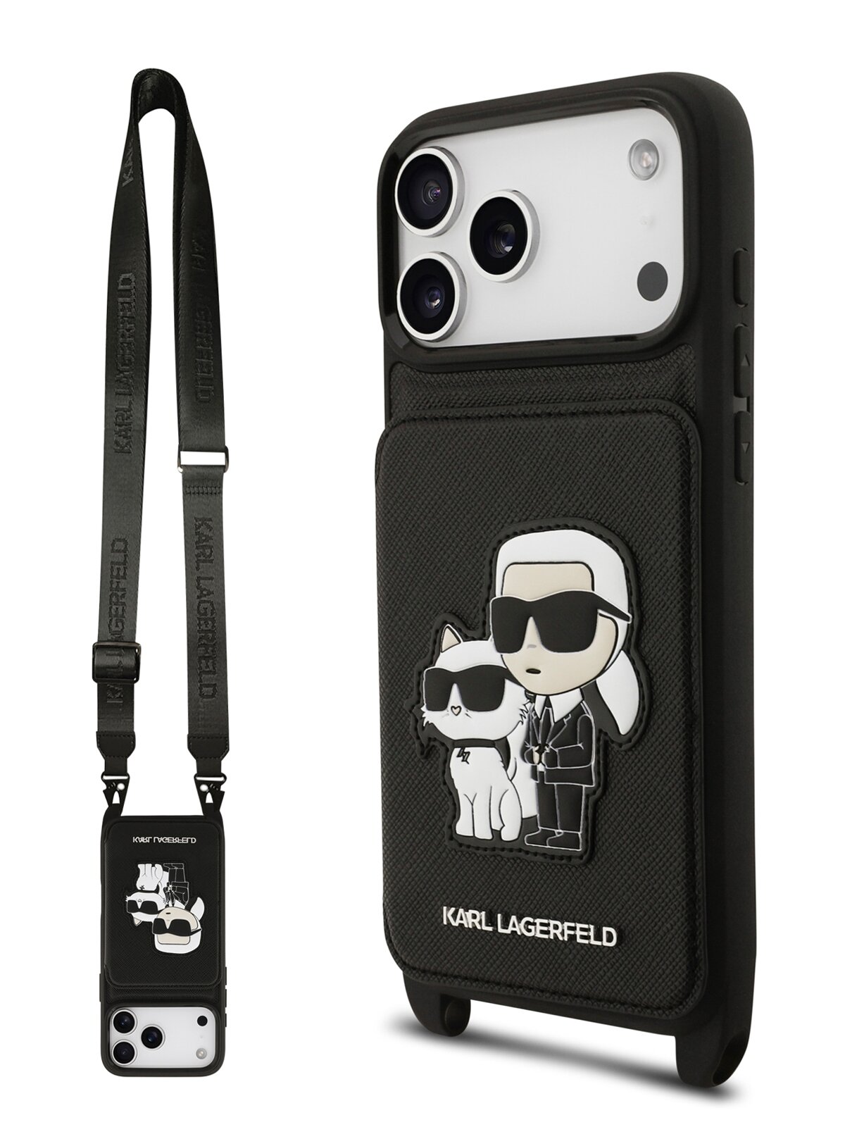 Karl Lagerfeld чехол с ремешком и картхолдером для iPhone 17 Pro, PU кожа Saffiano NFT Karl & Choupette, черный