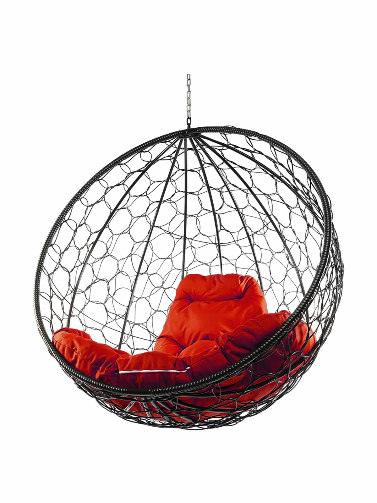Подвесное кресло круг (без стойки), с ротангом черное, красная подушка