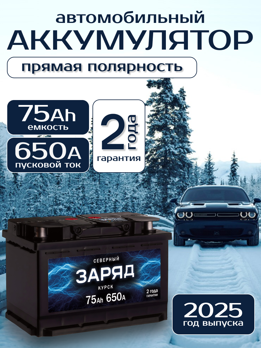 Аккумулятор автомобильный Северный заряд 75Ah 650А прямая полярность (278x175x190)