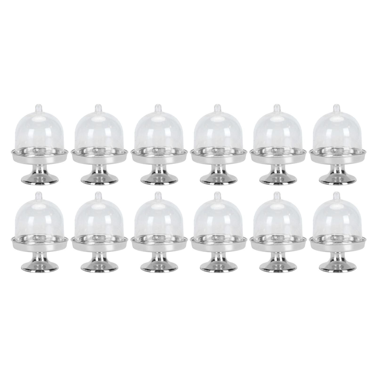 12 мини-тарелок для торта с крышками, пластиковая подставка, куполообразная крышка, прозрачная маленькая коробка для конфет, для свадебной вечеринки, серебристое дно.