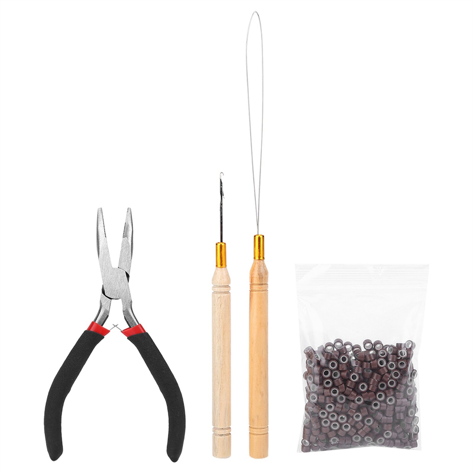 Набор для наращивания волос, 4 шт, игла для вытягивания, крючок, плоскогубцы для соединения париков, 500 микроколец коричневого цвета