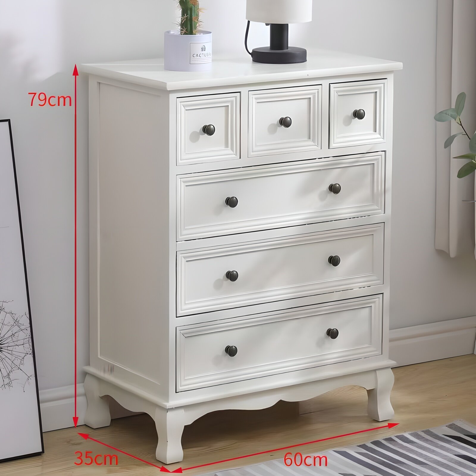 Комод, массив дерева, белый, 6 ящиков, высота 79 см, ширина 60 см, глубина 35 см