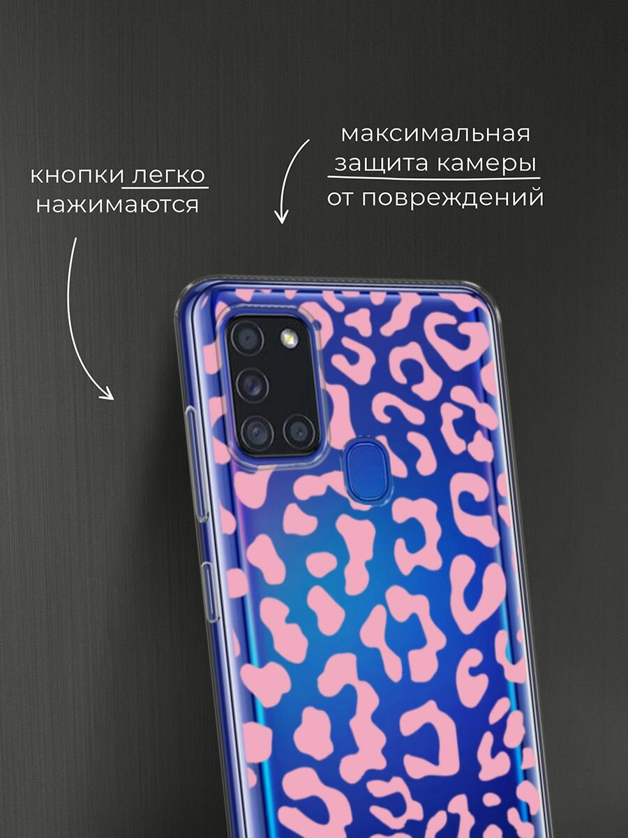 Чехол на Samsung Galaxy A21s / Самсунг Галакси A21s с принтом Паттерн розовый леопард, прозрачный — фото 1