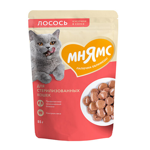 В соусе мнямс влажный корм паучи для стерилизованных кошек кусочки (цена за упаковку) 85г х 24шт с Лососем
