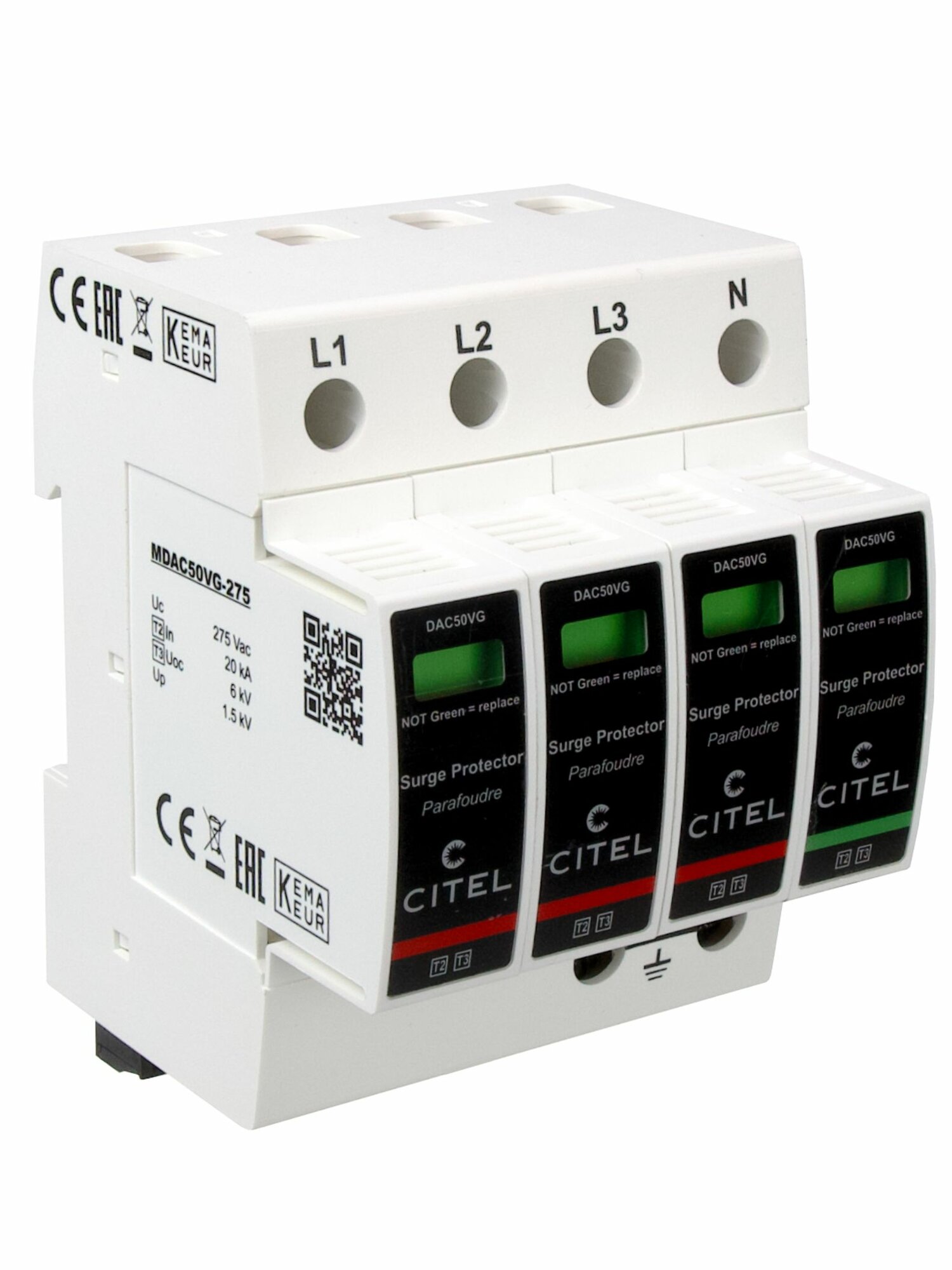УЗИП CITEL DAC50VGS-31-275 (821130244), тип 2+3, для защиты трехфазной сети переменного тока, импульс Imax 50кА на полюс, технология VG
