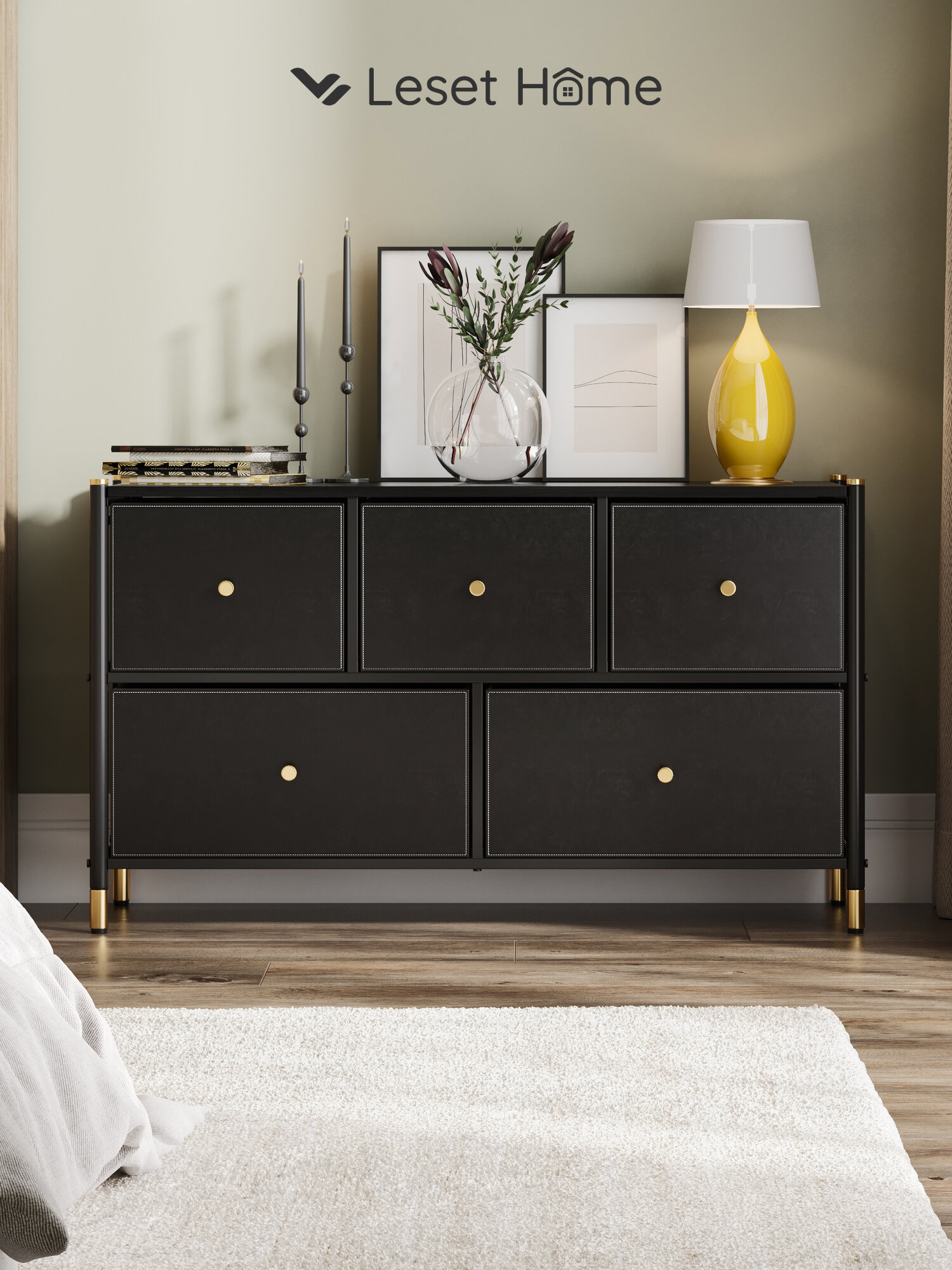 Комод Leset Нирита широкий 5 ящиков в гостиную, каркас металлический Чёрный, фасад экокожа