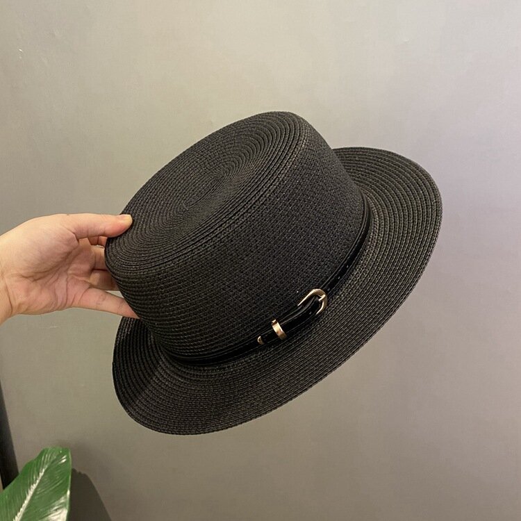Новая соломенная шляпа с поясом в корейском стиле, женская весенне-летняя модная универсальная шляпа с плоским цилиндром для отдыха и пляжа,