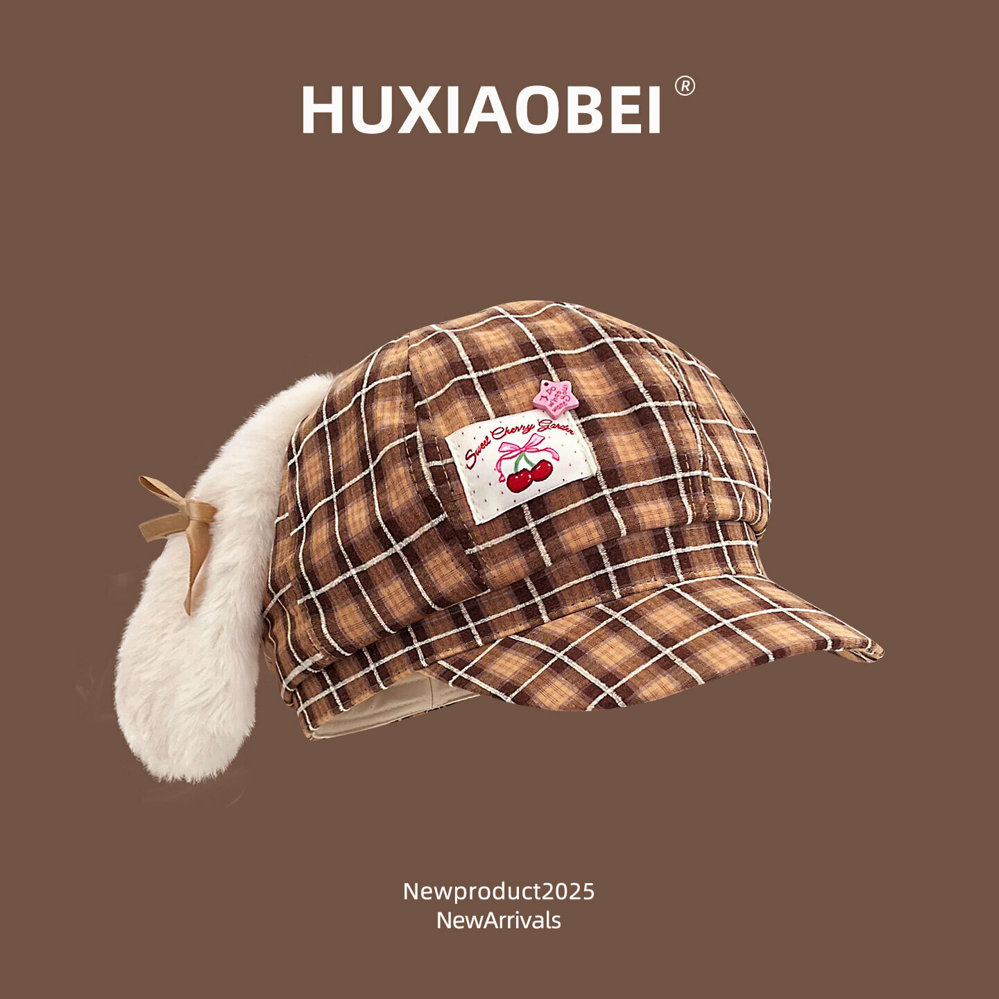 Новая милая плюшевая восьмиугольная шляпа в клетку с бантиком и заячьими ушками для женщин, универсальный весенне-летний солнцезащитный берет для путешествий, трендовый тренд