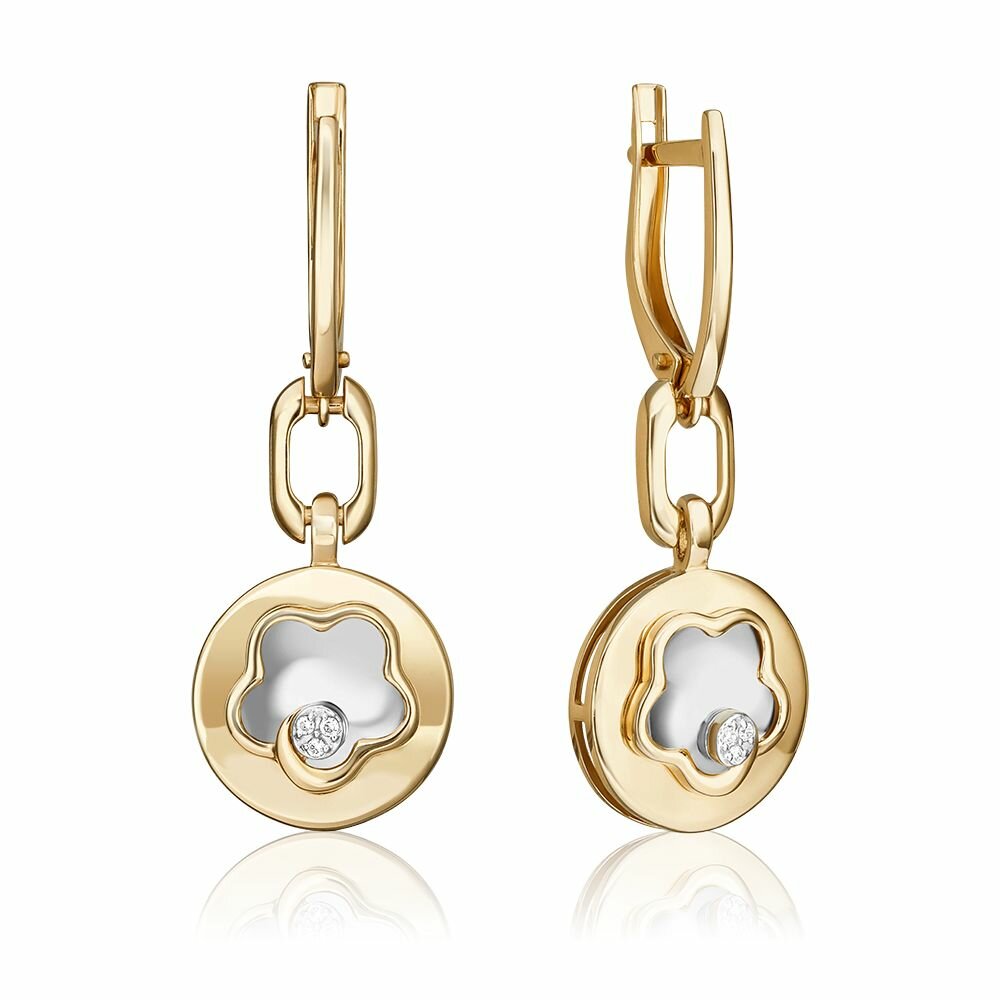 Серьги, комбинированное золото, 585 проба, родирование, бриллиант