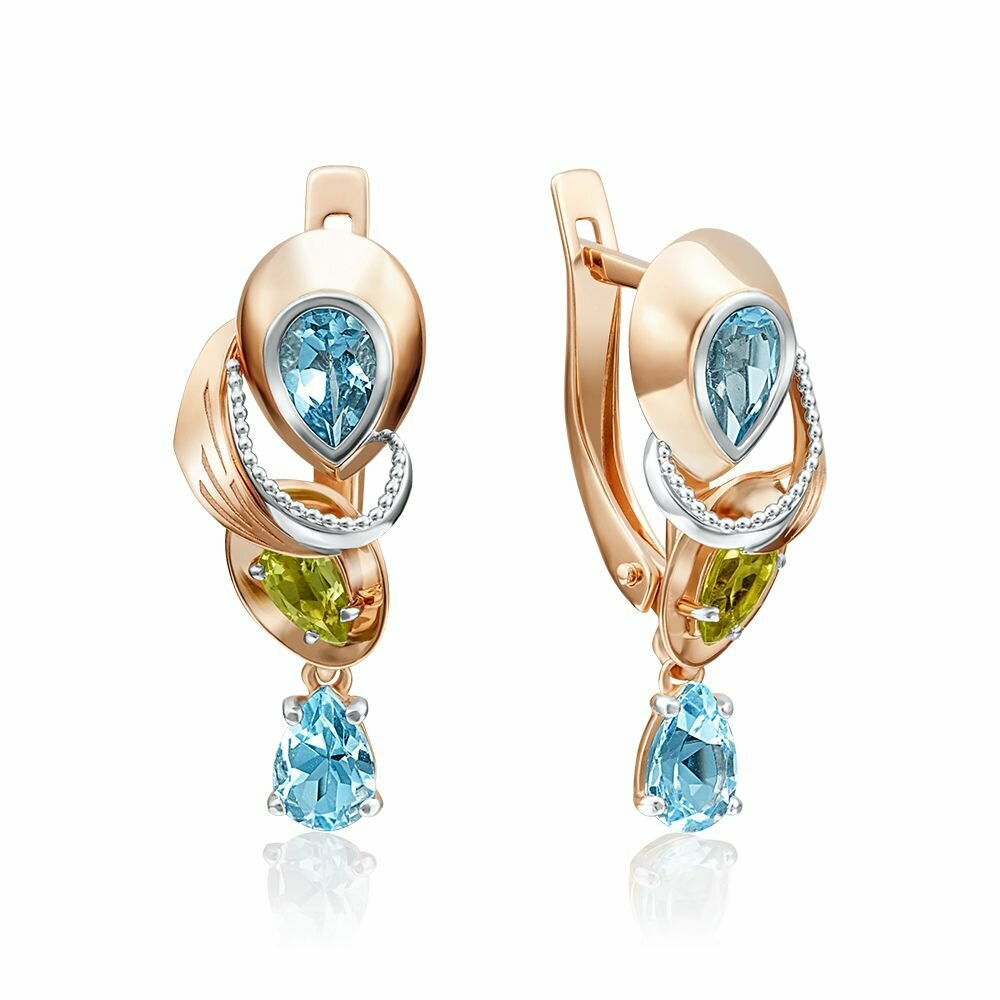 Серьги, красное золото, 585 проба, хризолит, топаз