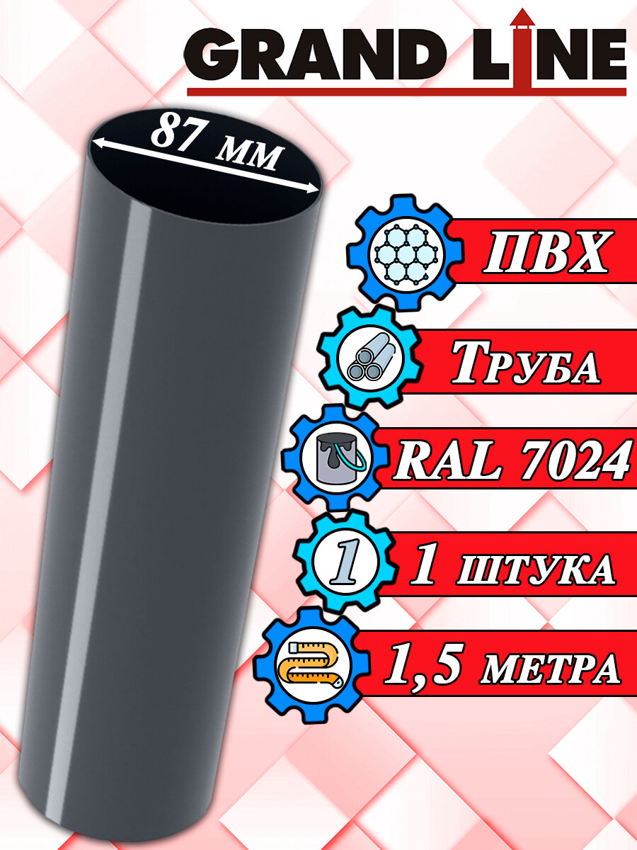 Труба 1,5 м Grand Line ПВХ графит RAL 7024 (d 87 мм) соединительная для водосточной системы Гранд Лайн (120/90 ) комплект элементов водостока для крыши