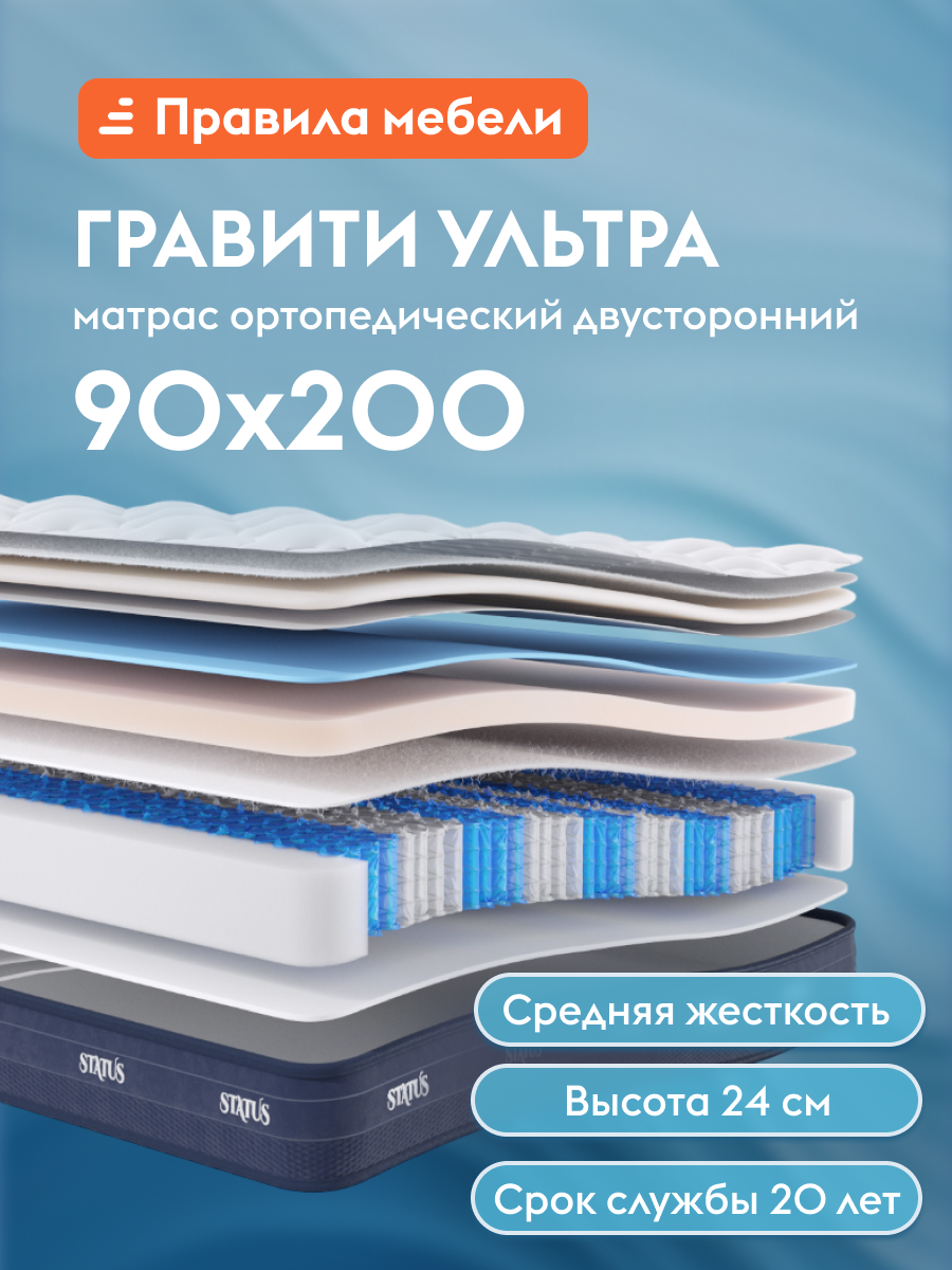 Матрас Гравити ультра 90х200 см, ортопедический, независимые пружины, средняя жесткость, мягкий, Белый