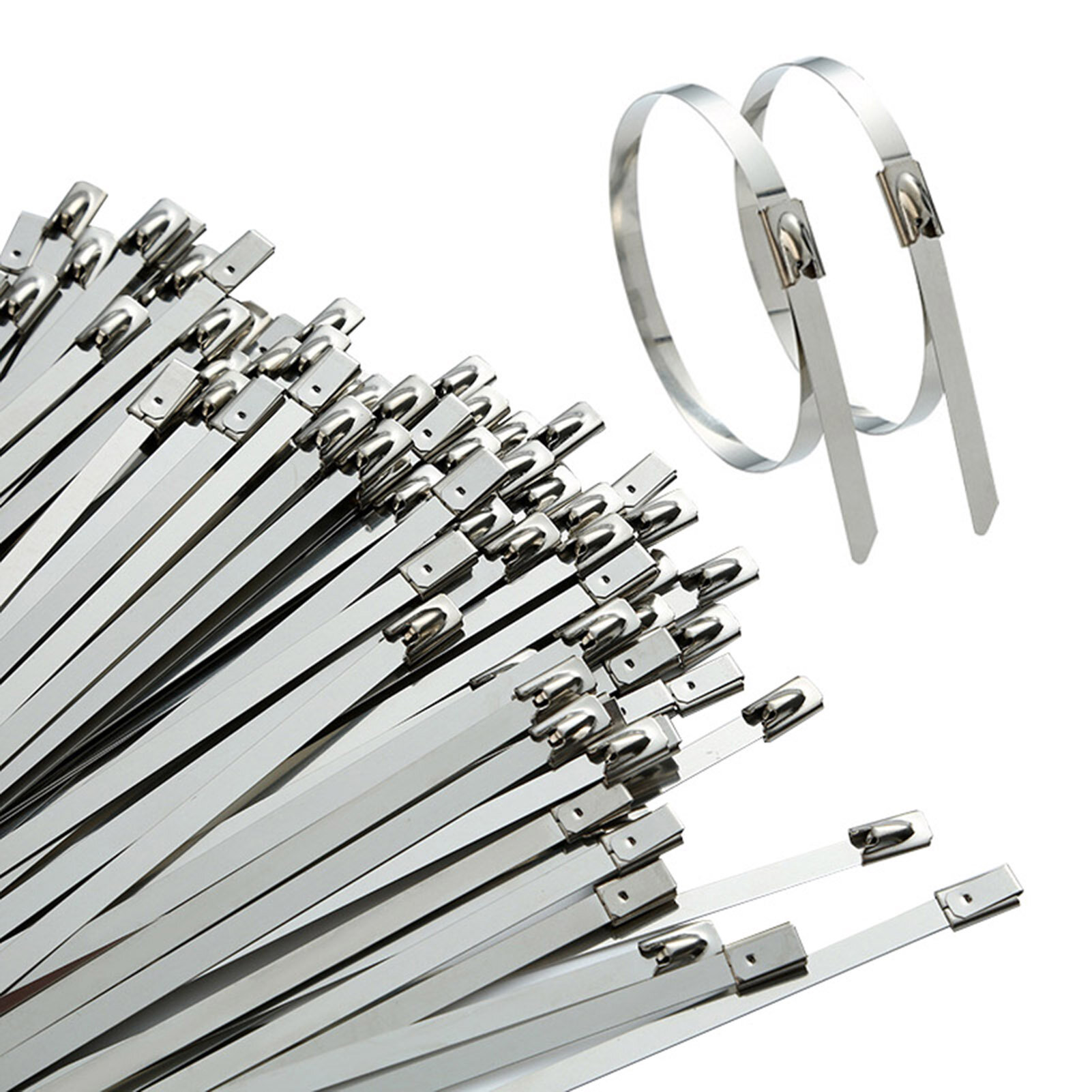 Металлические зип-тейсы 100 штук 13.8 дюйма нержавеющая сталь самозакрывающиеся мультицелевые кабельные стяжки для улицы и помещений, цвет серебристый, материал 304 нержавеющая сталь, размер 4.6*350мм/0.2*13.8 дюйм (ширина*длина)
