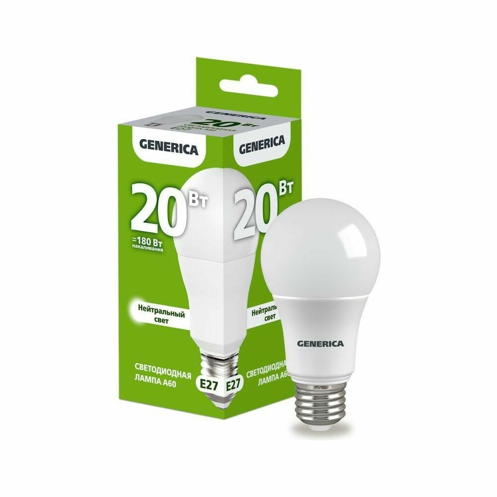 Лампа светодиодная A60 20Вт грушевидная 4000К E27 230В GENERICA LL-A60-20-230-40-E27-G