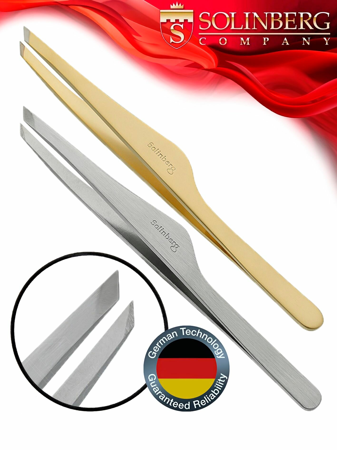 Набор пинцетов для бровей Solinberg G801з + G805з скошенные, серебристый + золотой (ручная заточка)