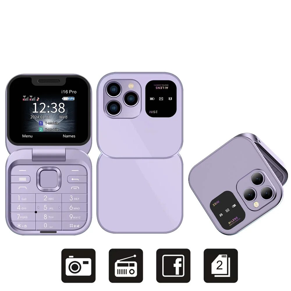 SERVO i16PRO 2G GSM Dual SIM Flip Mini Mobile Phone Auto Call Record Speed Dial Magic Voice FM Radio Small Fold Telephone Type-C