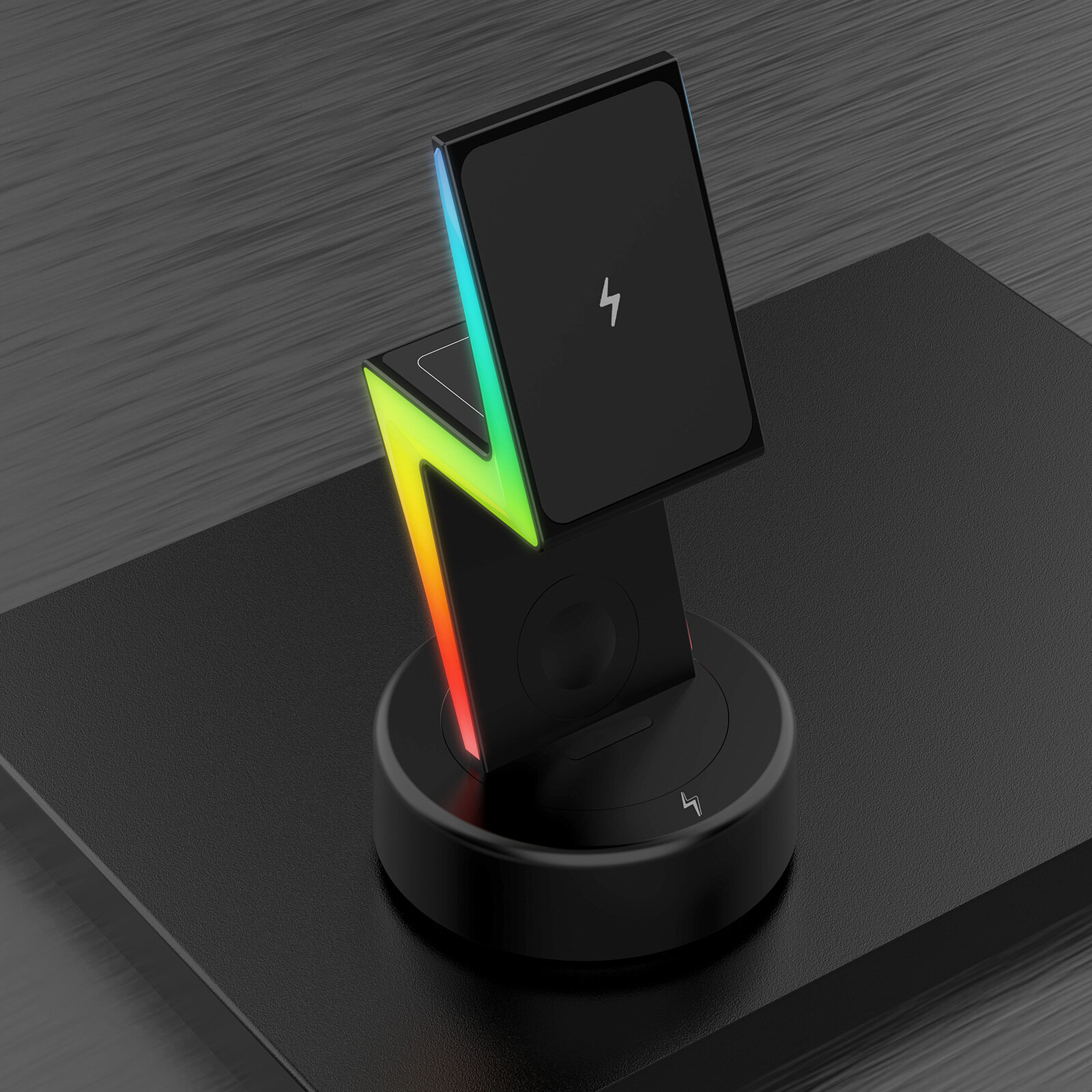 Qi2 3-в-1 беспроводная зарядка с RGB-подсветкой для телефонов Apple MagSafe и мобильной подставки черного цвета