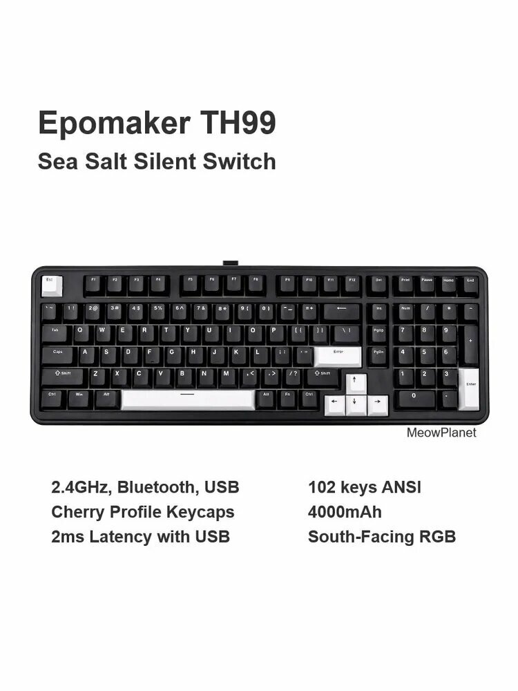 EPOMAKER Игровая клавиатура беспроводная TH99, Sea Salt Silent Switch, Английская раскладка, черный