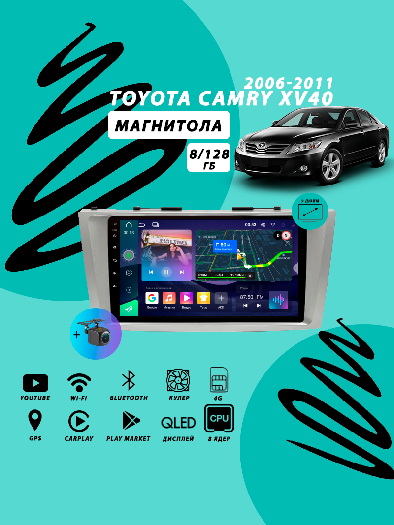 Магнитола Toyota Camry 40 V1 8Гб+128Гб Sim/DSP/Android/Carplay/8 ядер/Wi-Fi/Bluetooth/кулер