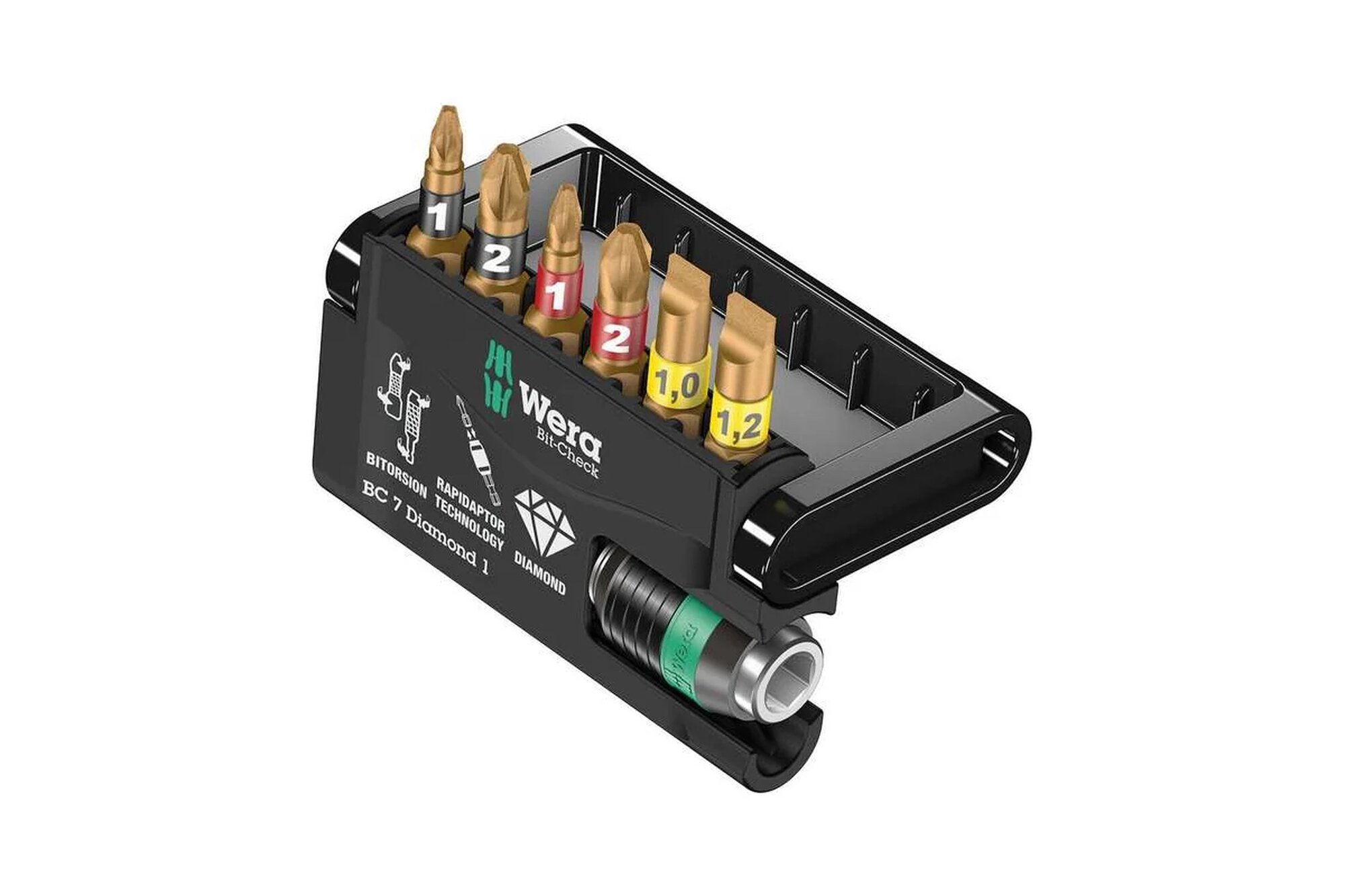Набор бит торсионных с битодержателем Rapidaptor, алмаз, 7 пр, 1/4" C6.3 Bit-Check 7 Diamond 1, WERA WE-057416