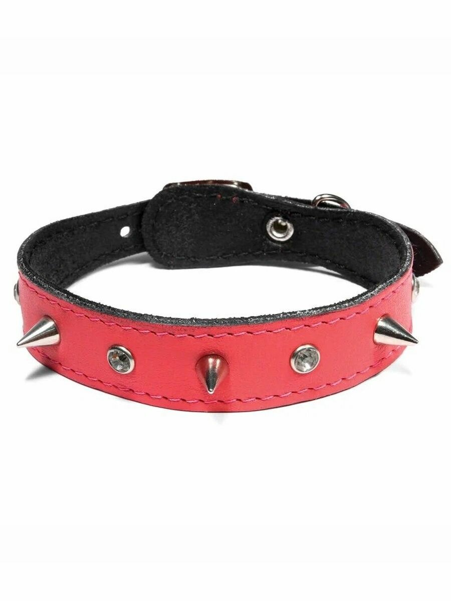 Ошейник-миди кожаный двойной с расширением и шипами 14*310 мм, цвет красный