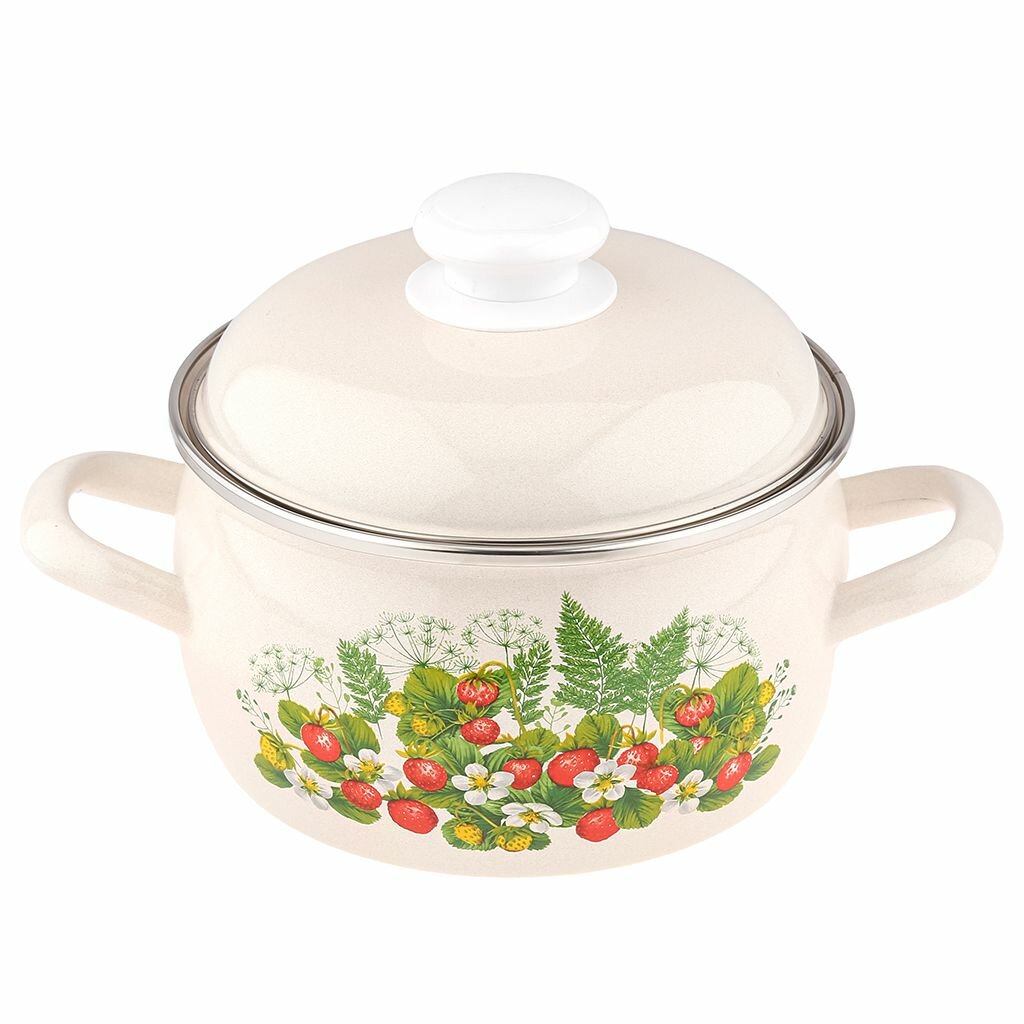 Кастрюля Лысьвенские эмали "Земляничное лето", эмалированная, 2,0 л, форма полусфера, металлическая крышка, нержавеющий ободок (С-4210АП2/4Жм)