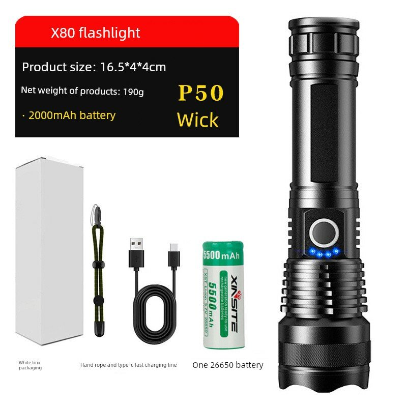 X80 Светодиодный фонарь с USB-кабелем и батареей 26650