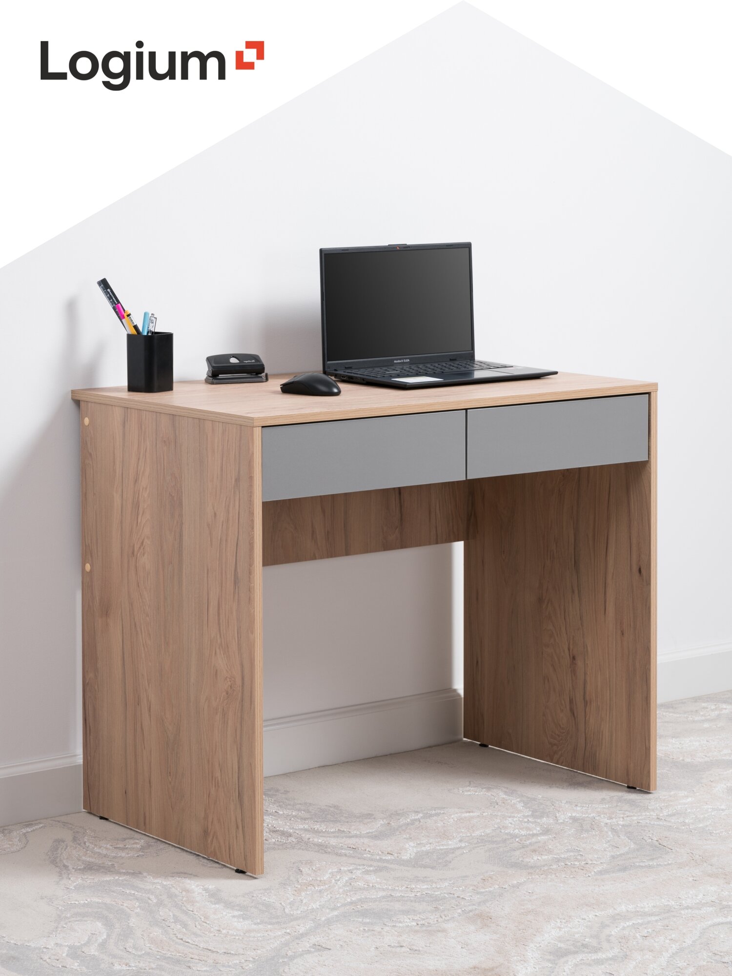 Стол письменный с ящиками, 89х55х75, Сигма 12.161, Гикори Рокфорд Натуральный, Серый Шифер, для школьника, офисный