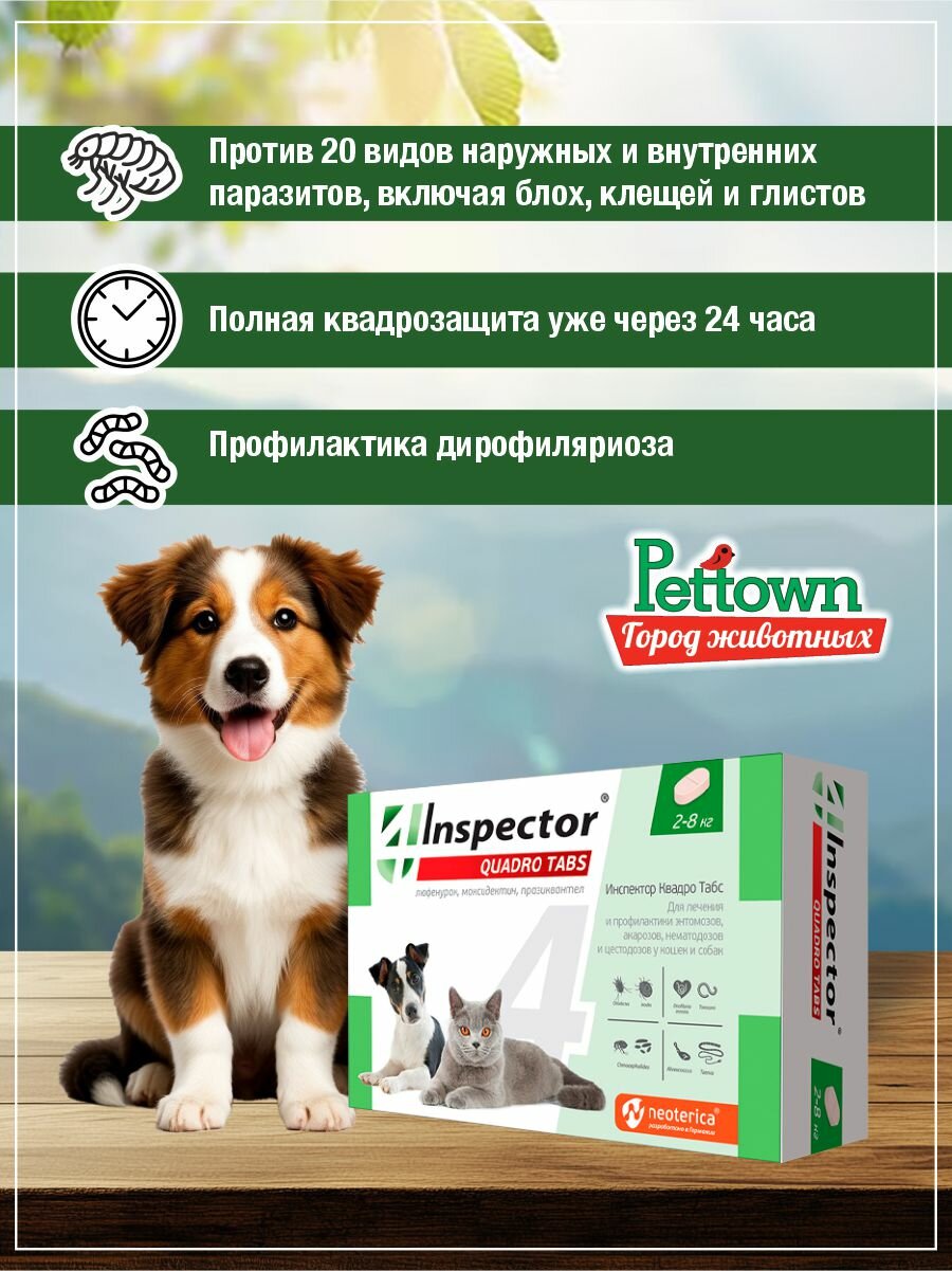 Таблетки для собак и кошек Экопром "Инспектор"( Inspector Quadro Tabs ), от блох и гельминтов, на 2-8 кг, 4 штуки — фото 1