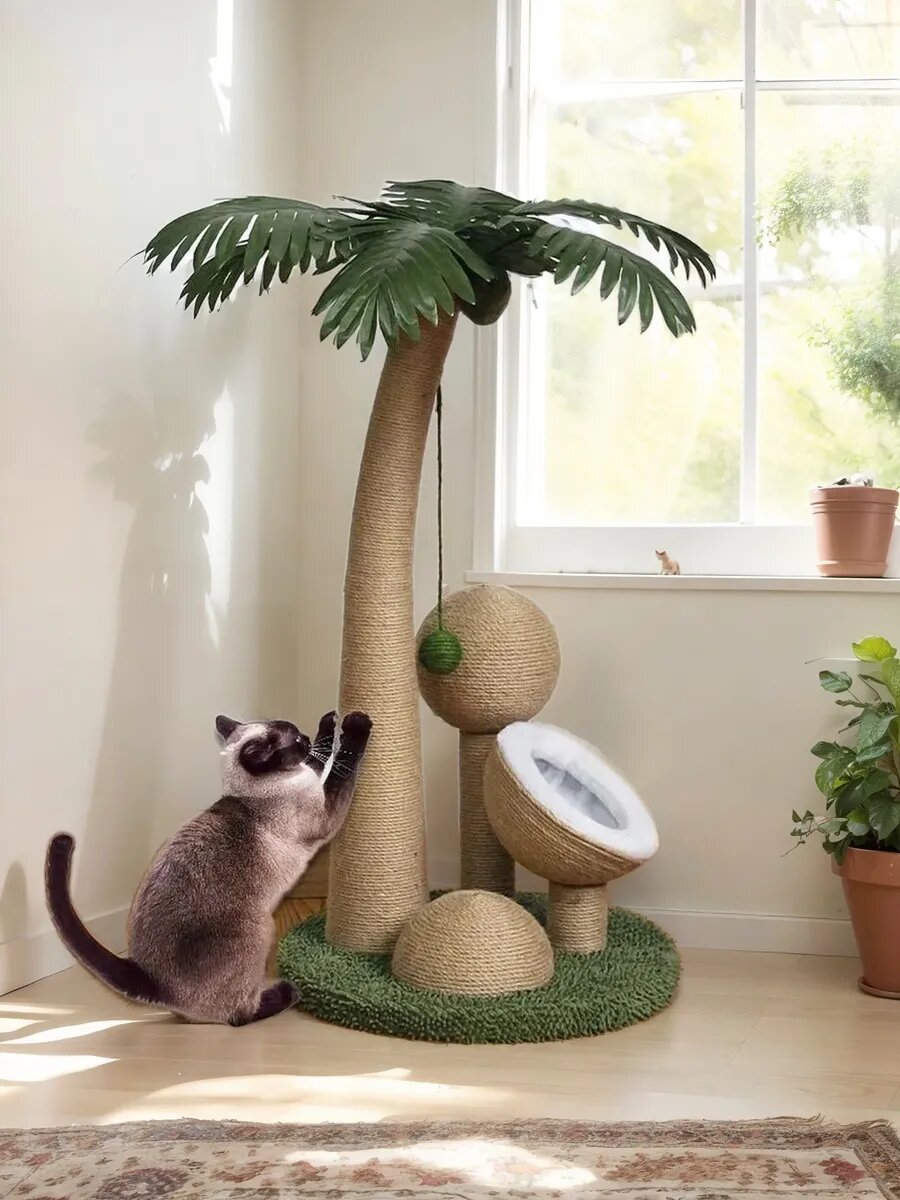 Когтеточка для кошек из натуральной конопли в форме пальмы, с игрушкой и домиком, устойчивая подошва