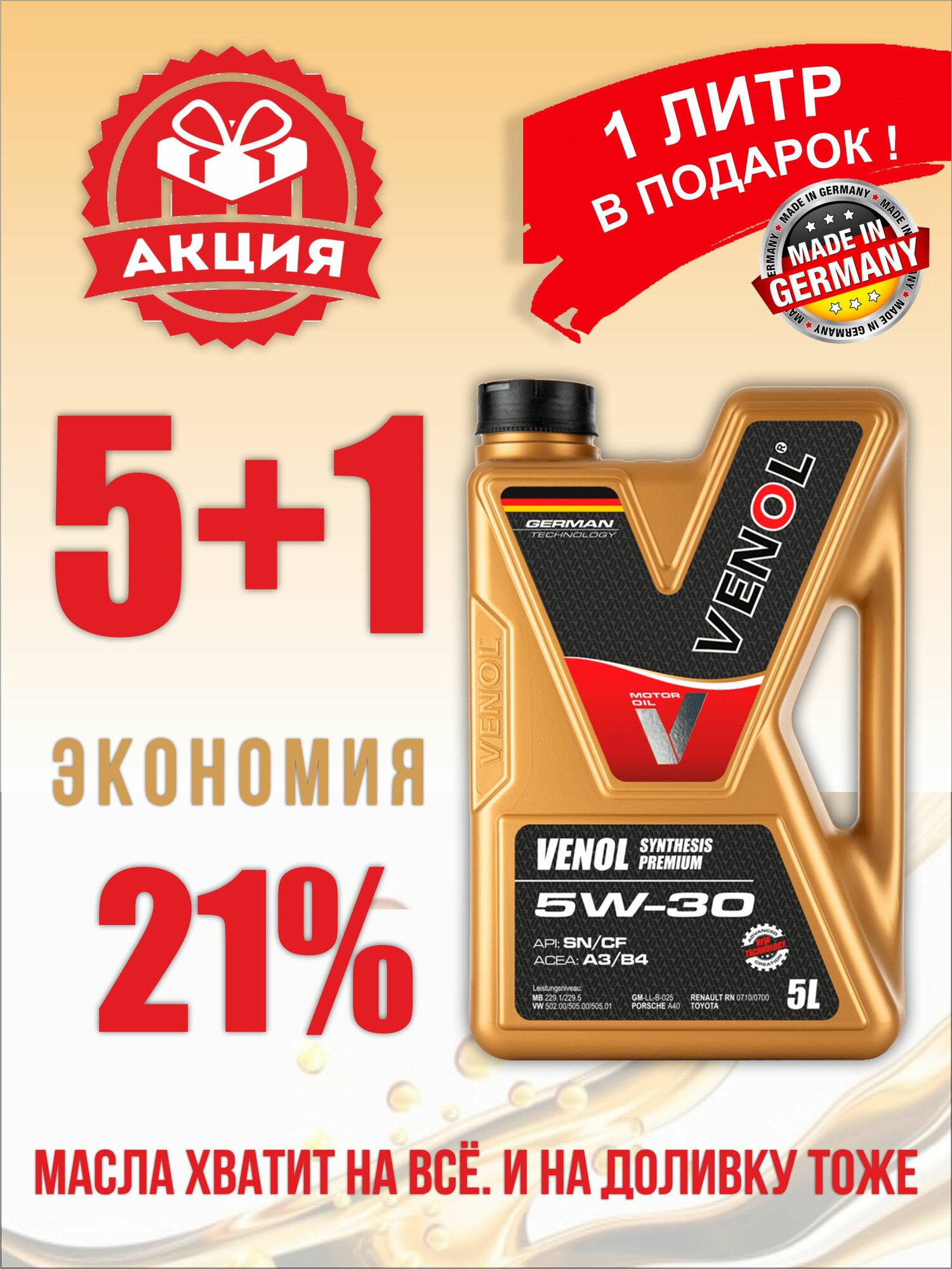 Моторное масло 5W30 SN/CF A3/B4 SYNTHESIS PREMIUM, 6л (5+1)