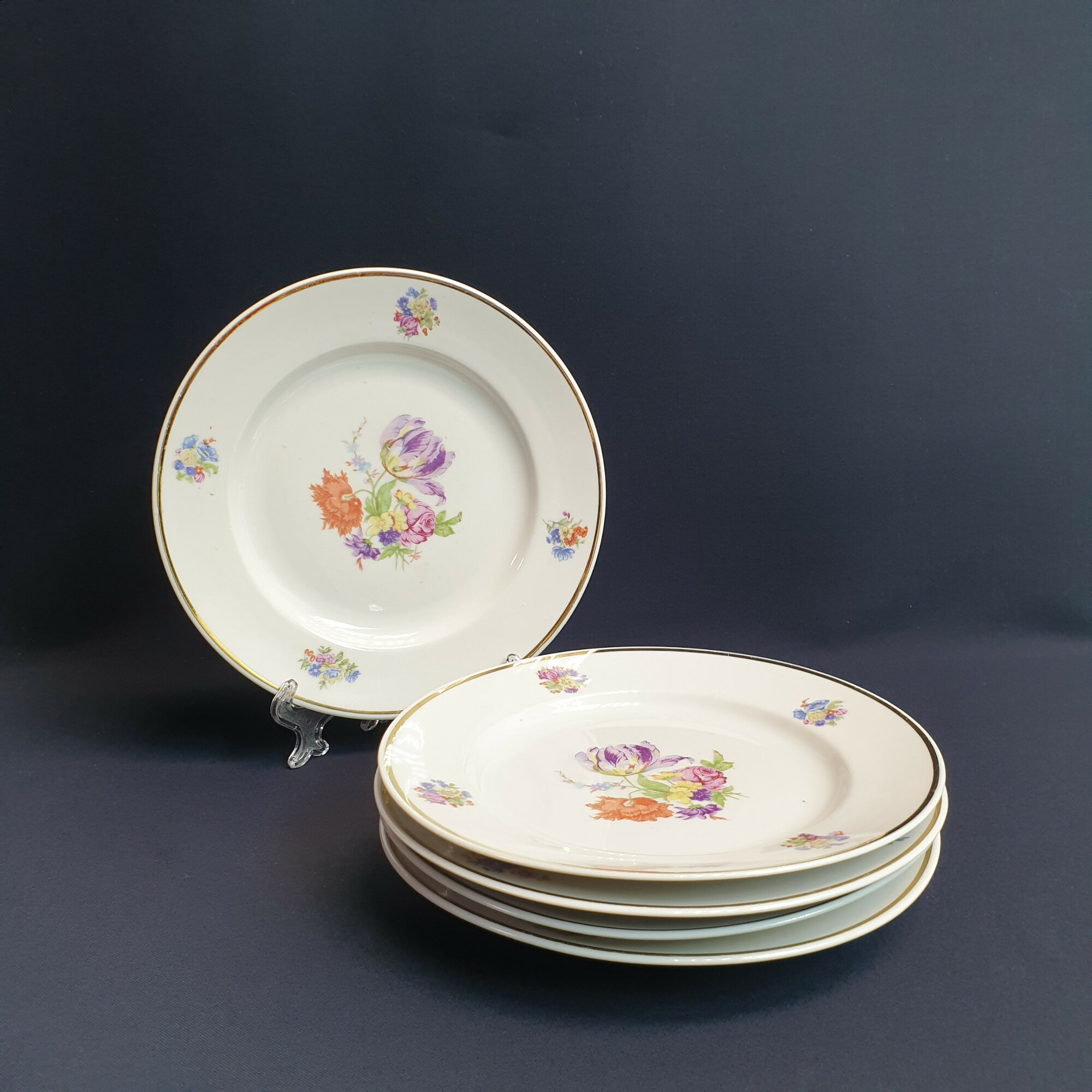 Набор из 5 десертных тарелок Пролетарий, фарфор деколь позолота 20 см, винтаж СССР