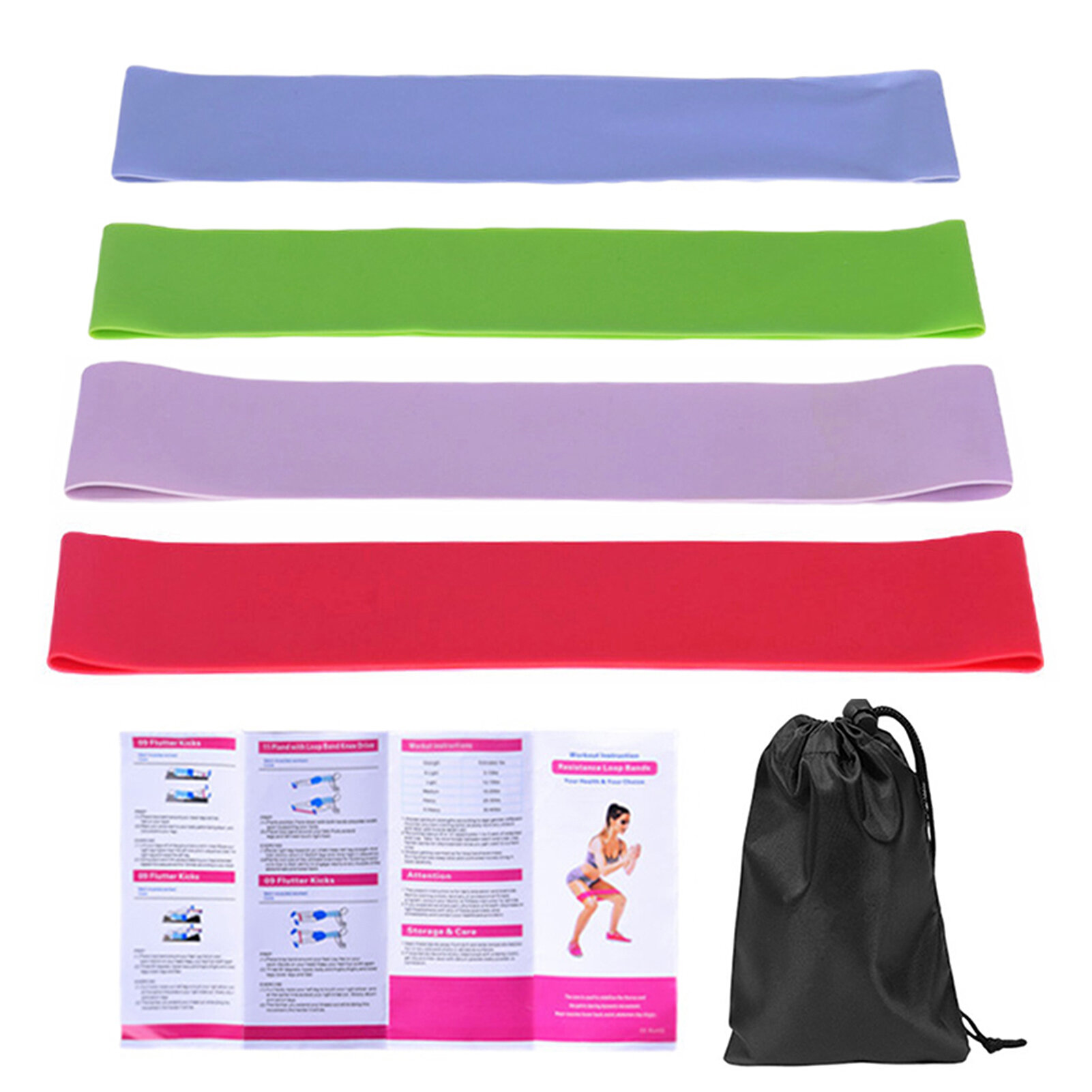 Набор из 4 резиновых лент для упражнений, силовых тренировок, фитнеса дома и физиотерапии, размеры 500*50*0.35mm, 500*50*0.5mm, 500*50*0.8mm, 500*50*1.2mm, вес 5-10lbs, 10-15lbs, 15-25lbs, 30-40lbs, цвета голубой, оранжевый, зеленый, черный, красный,