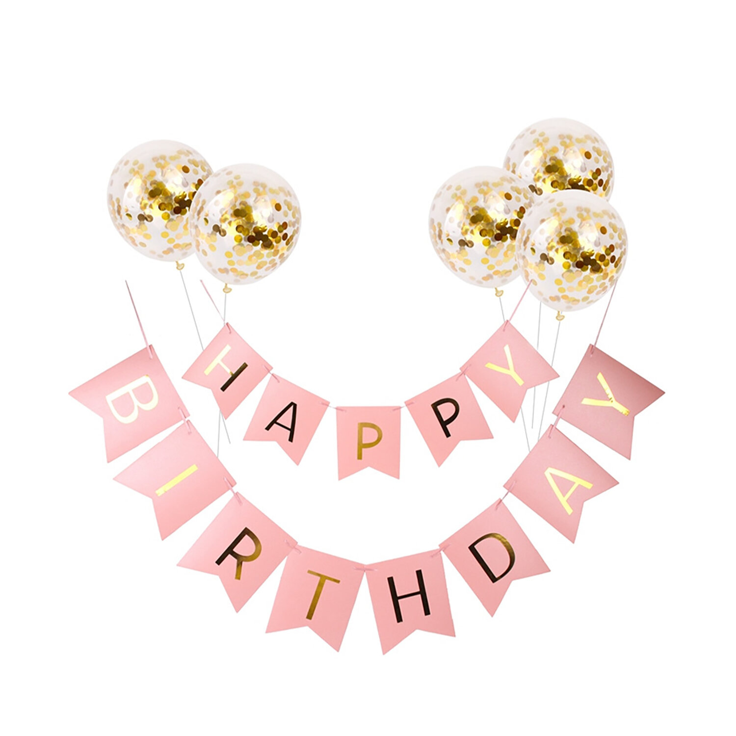 Набор для украшения дня рождения с баннером "HAPPY BIRTHDAY" и 5 шариками с золотыми пайетками диаметром 12 дюймов, 13 флажков, нитью длиной 3 метра, материалы: бумага, пайетки, шарики