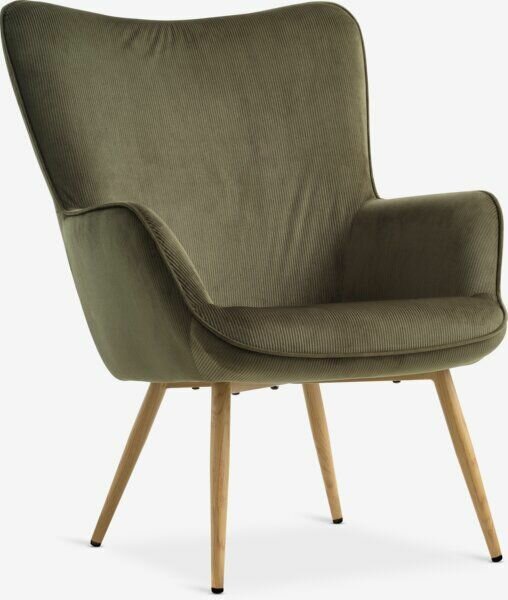Кресло вельветовое Jysk HUNDESTED, цвет олива /дуб Ш72 x В98 x Г80 см.