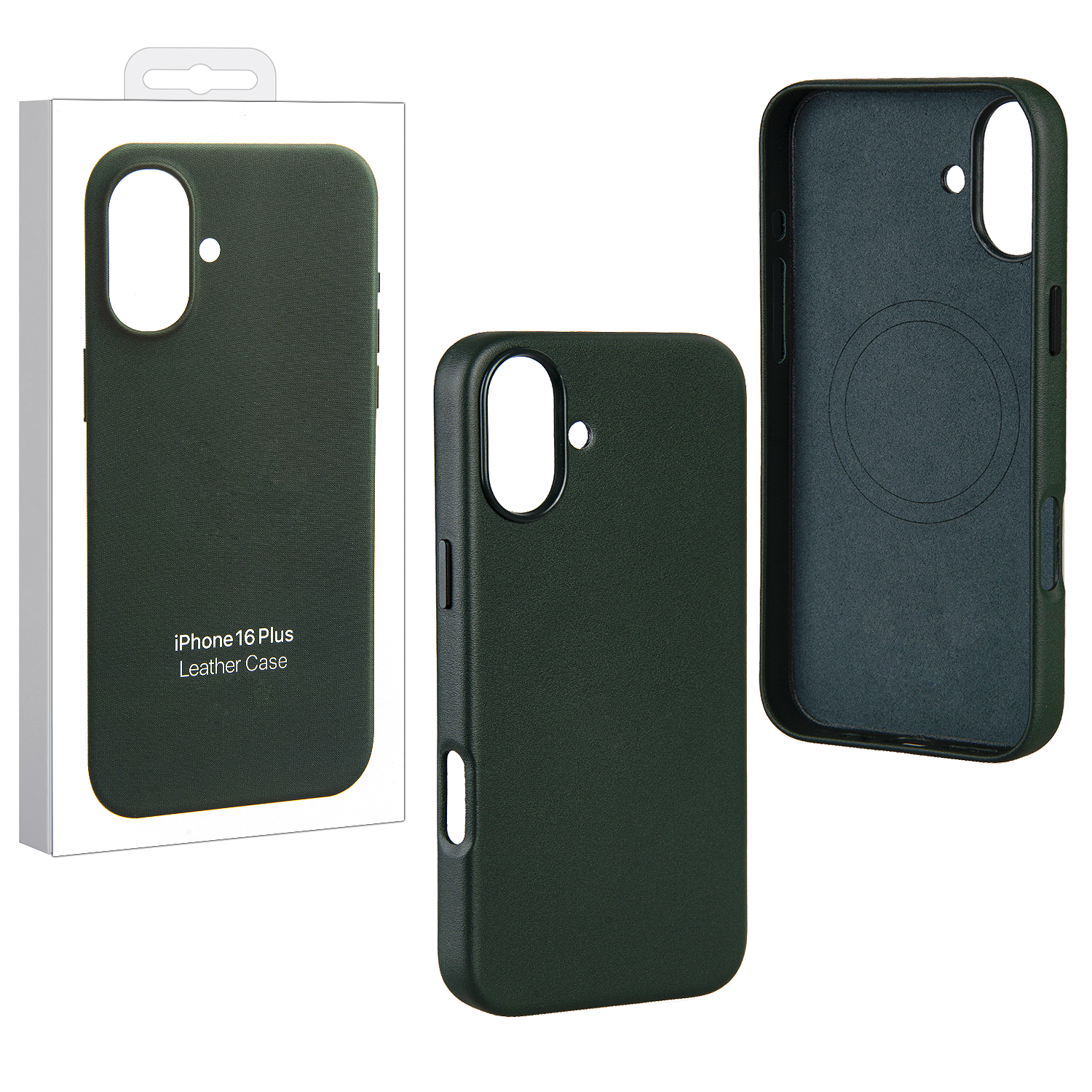 Чехол для iPhone 16 Plus Leather Case Green, анимация NFC, поддержка беспроводной зарядки, зеленый