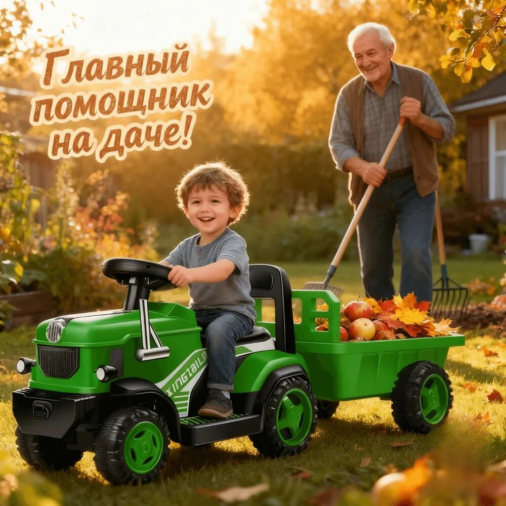 Детский электромобиль-трактор с прицепом, 2 в 1 аккумуляторный трактор и каталка-толокар, музыкальный руль, свет, для дачи