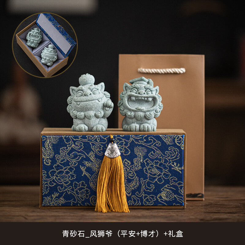 Зеленый песчаник Ветровой Лев Бог Национальный Тренд Каменный Лев Пара Милый Лечебный Счастливый Амулет Чайный Питомец Украшение Подарок