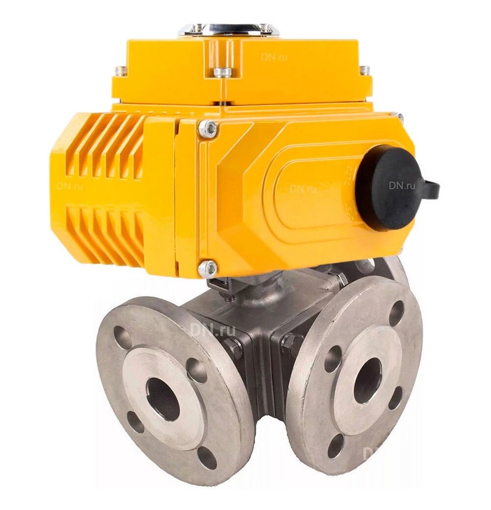 Кран шаровой DN.ru 316-316-PTFE L-тип Ду65 Ру16 полнопроходной трехходовой, нержавеющая сталь SS316, фланцевый, уплотнение - PTFE, с электроприводом четвертьоборотным DN. ru QT-010-220