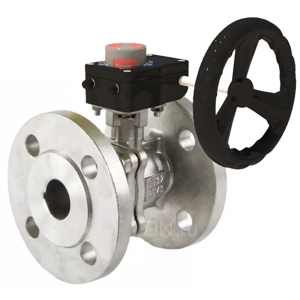 Кран шаровой DN.ru кшфп.316.200 Ду100 Ру16 полнопроходной двухходовой, нержавеющая сталь 316, фланцевый, уплотнение - PTFE, с ISO-фланцем и редуктором DN. ru HGB-2 с индикатором положения