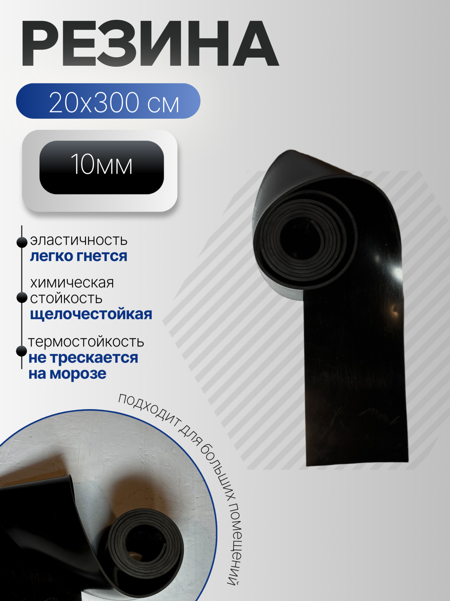 Резиновая лента под ворота 0.2х3м 10мм, усиленная, черного цвета