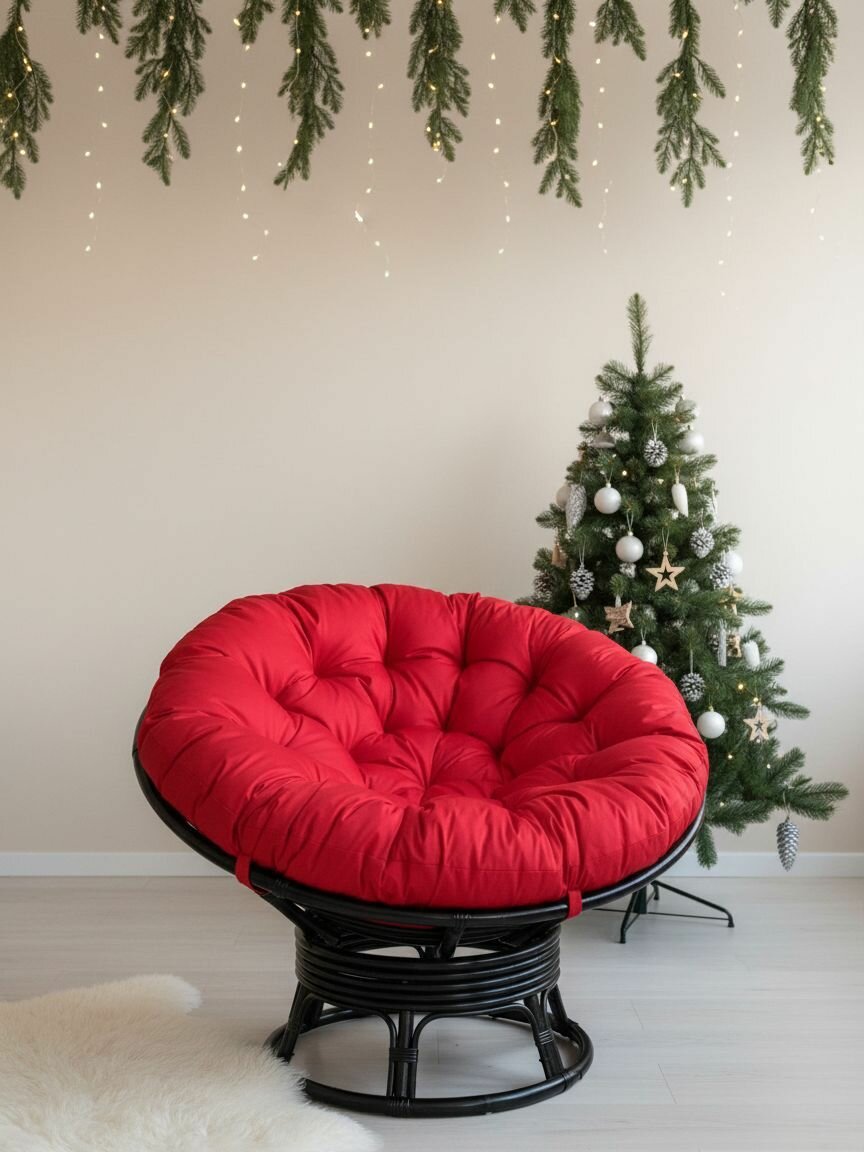 Кресло Папасан вращающееся из натурального ротанга с мягкой подушкой