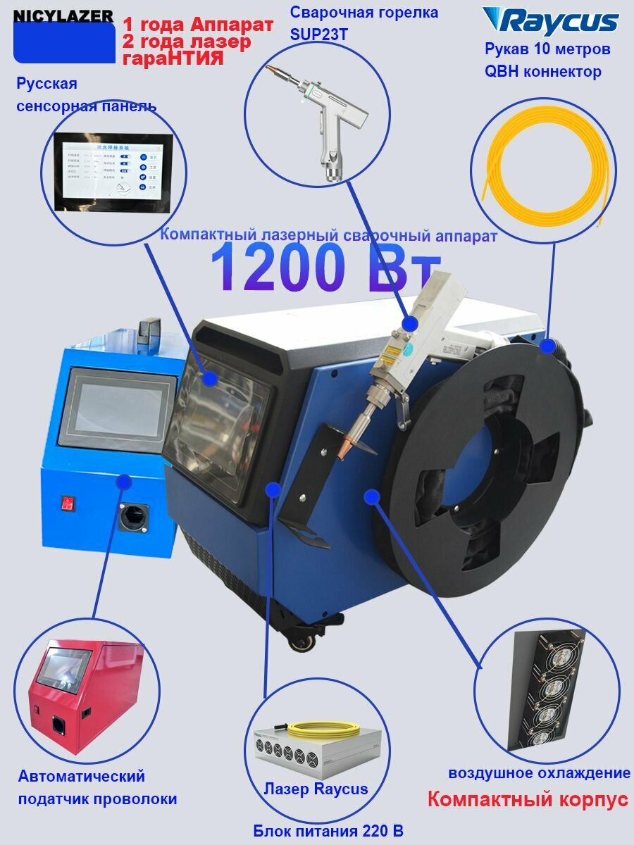Портативный лазерный сварочный аппарат Raycus 1200Вт с воздушным охлаждением. Сварка нержавеющей стали, алюминия, меди.