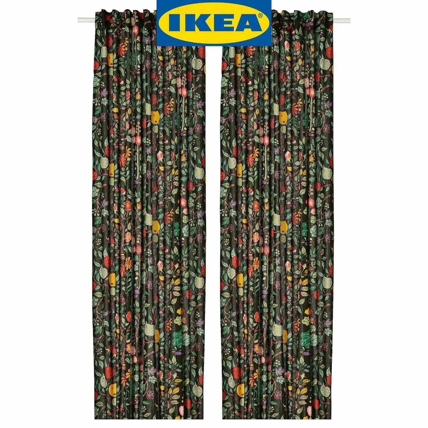 Икеа Vildpersilja ВиллепешЗанавески, 2 шторы, темно - зеленые многоцветные / цветочные узоры с лентой складок, 145x250 смНовый 2026 год
