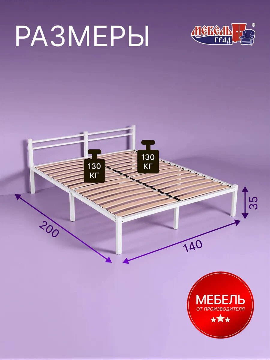 Кровать металлическая белая 140*200 Альфа