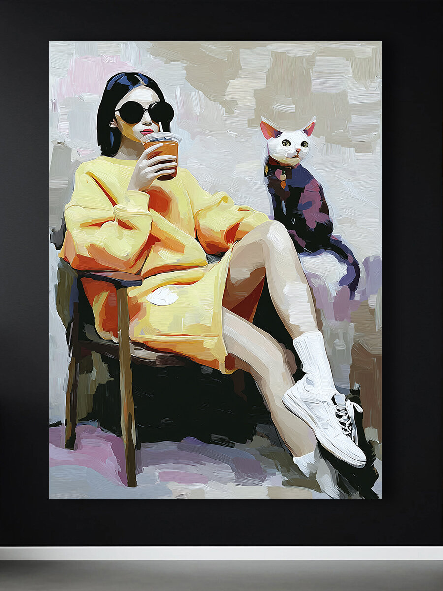 Картина интерьерная - "Девушка и котики на отдыхе, дизайнерский арт на стену" , 40х60 см.